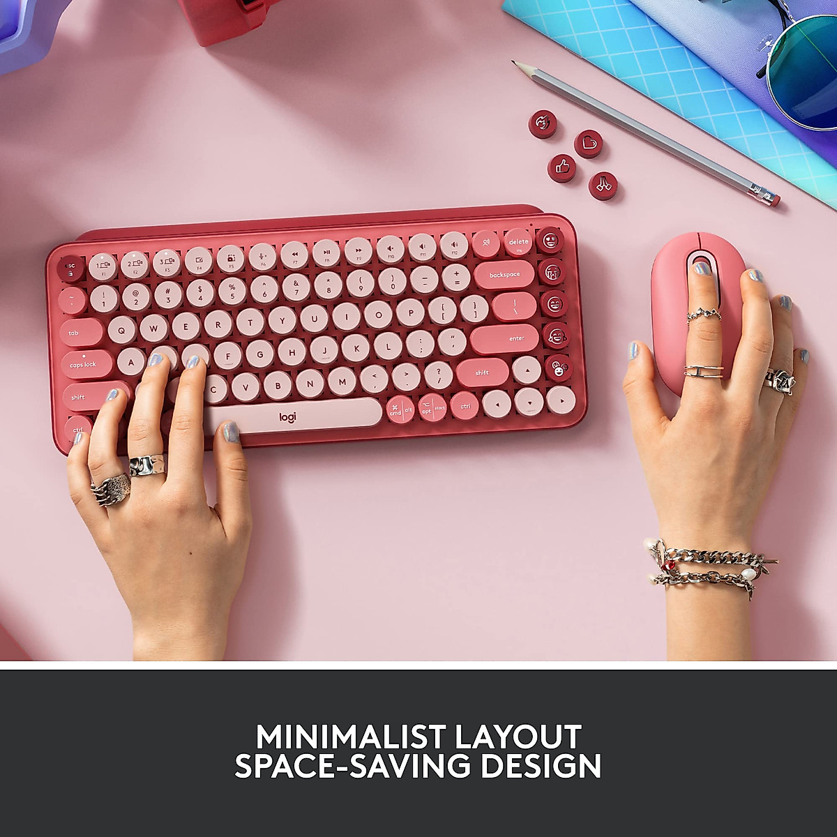 Logitech POP Mechanical Wireless Keyboard with Customizable Emoji Keys, Durable Compact Design, Bluetooth or USB Connectivity, Multi-Device, OS Compatible - Heartbreaker Rose