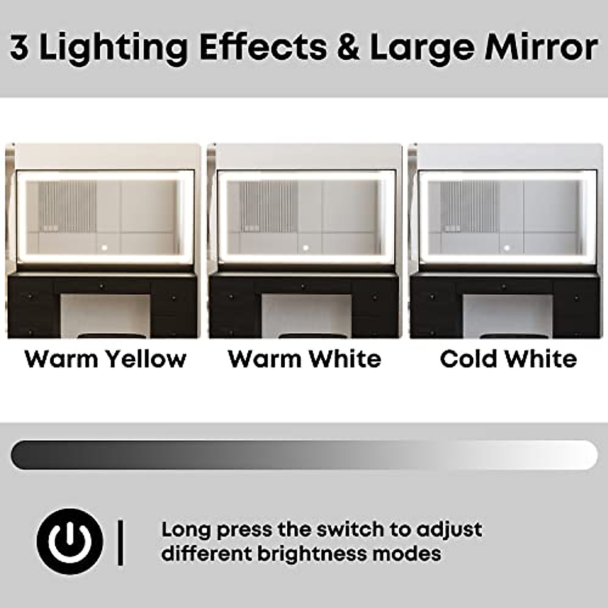 IRONCK Vanity Desk Set with LED Lighted Mirror & Power Outlet, 7 Drawers Makeup Vanities Dressing Table with Stool, for Bedroom, Black