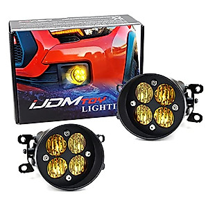 iJDMTOY Yellow Lens 24W High Power LED Wide Angle SAE Flood Beam Fog Light Kit w/Built-On Mounting Brackets Compatible With Toyota Tacoma Tundra 4Runner, etc