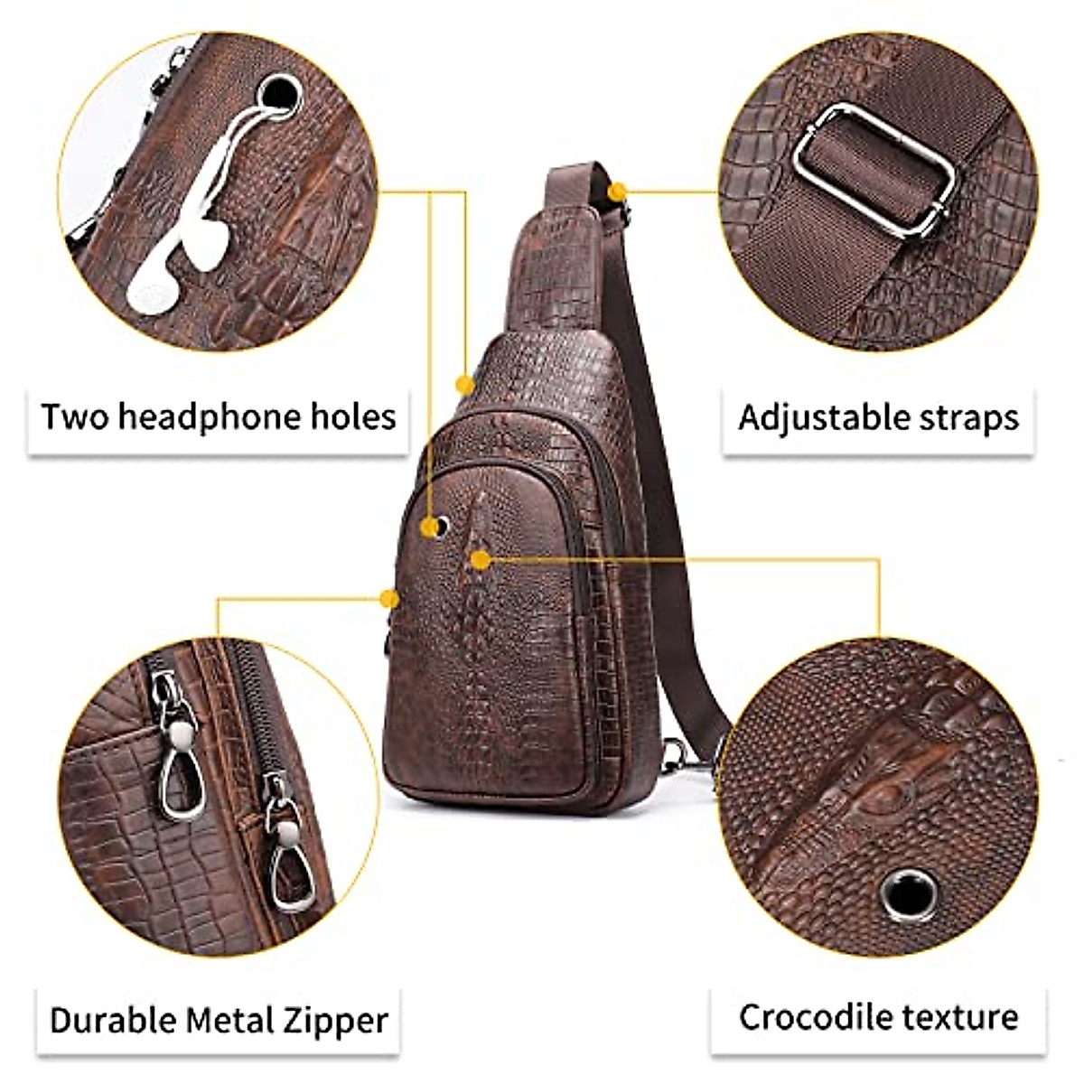 NIUCUNZH Sling Backpack,Small Crossbody Bag Crocodile Leather One Shoulder Sling Bags Travel Chest Pack Brown