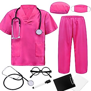 ZZIHAN Doctor Costume for Kids Rose Scrubs Sets Nurse Scrubs Costume Veterinarian Costume Doctor Coat Accessories Toys Stethoscope Nursing Clipboards Girl 7-8 Brithday Party Halloween Dress Up