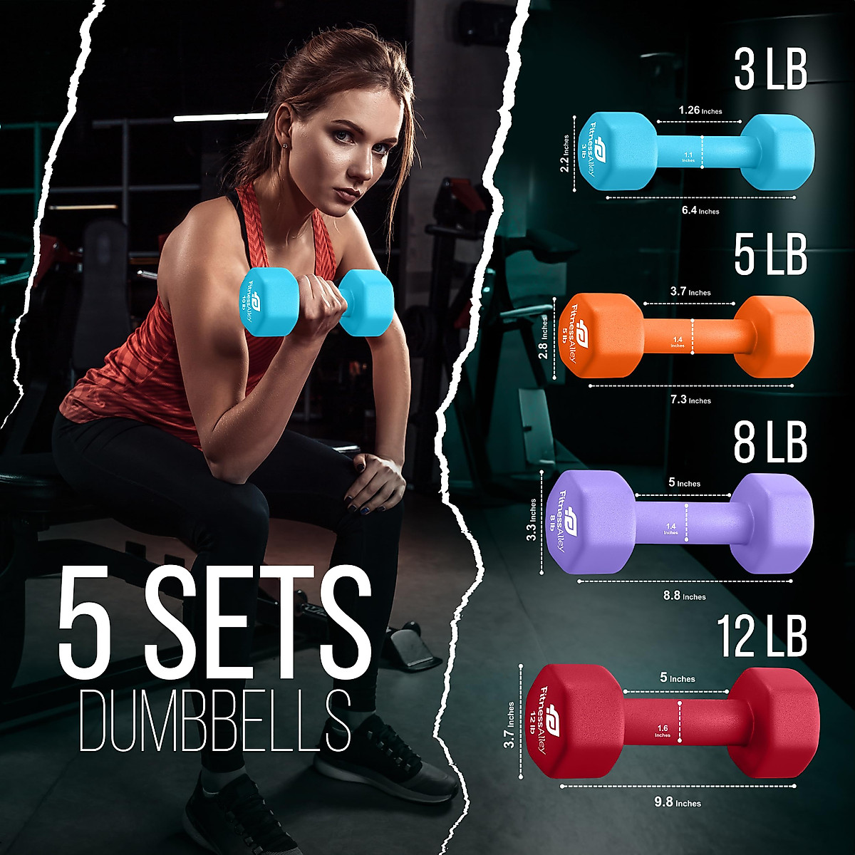 Fitness Alley Neoprene Dumbbell 5 Pairs 3LB, 5 LB, 8LB, 10LB, 12LB Dumbbells Coated for Non Slip Grip - Hex Dumbbells Weight Set - Neoprene Hand Weight Pairs - Hex Hand Weights Neoprene Dumbbells
