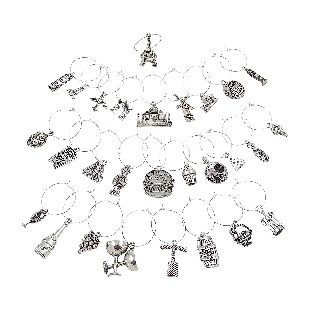 Palm City Products Around the World Wine Charm Set with Food, Wine, and Travel Themed Sets - 28 Piece Bundled Set
