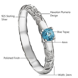 Aloha Jewelry Company Sterling Silver Hawaiian Blue Topaz Princess Plumeria Flower Scroll Ring Stackable Wedding Band, Sizes 5-10 (9)