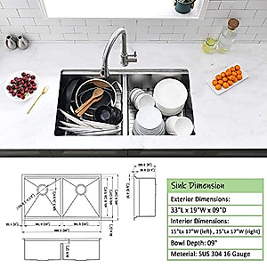 33 Inch Undermount Double Bowl Kitchen Sink Workstation- Wesliv 33x19 Stainless Steel Undermount Kitchen Sink 50/50 Low Divide Double Bowl Kitchen Sink 16 Gauge Deep Ledge Workstation Sink