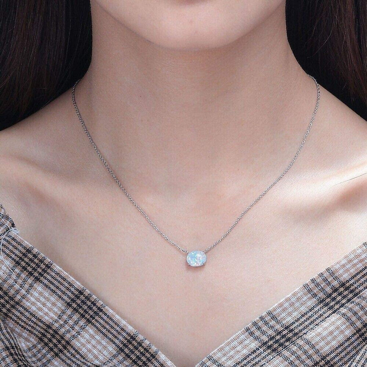 CiNily Opal Necklace Small Pendant Necklace 18K Wihte Gold Plated Gemstone Simple Necklace for Women Girls
