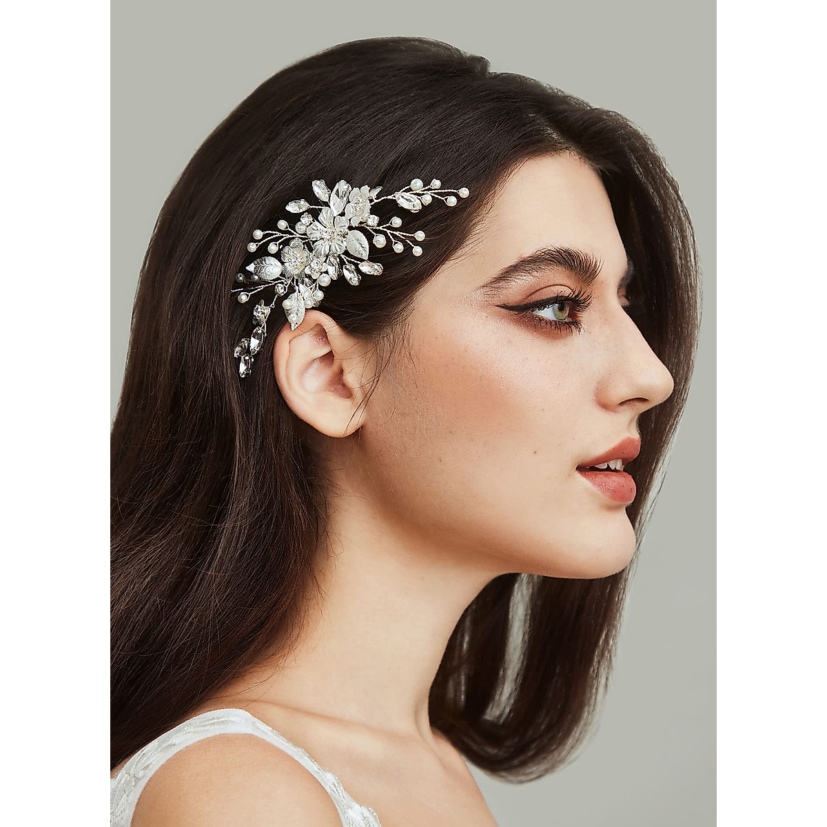 SWEETV Silver Bridal Hair Comb for Wedding Hair Accessories, Handmade with Crystals, Pearls, and Leaves, 4.72 x 2.75 inches, for Brides, Women