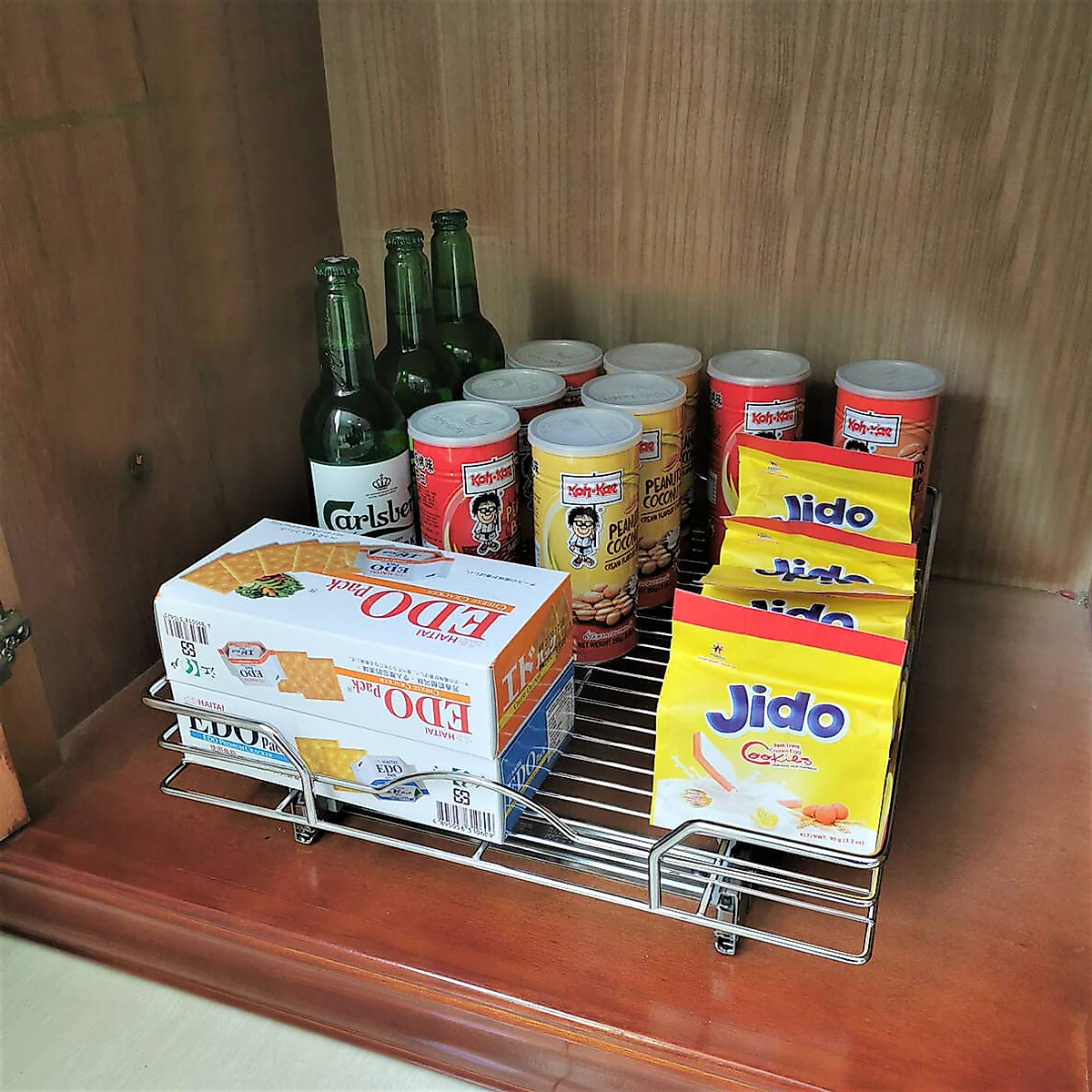 Pull Out Cabinet Organizer（14"W x 18"D x 5"H ), Heavy Duty Pull Out Shelves for Kitchen Cabinets, Chrome Finish