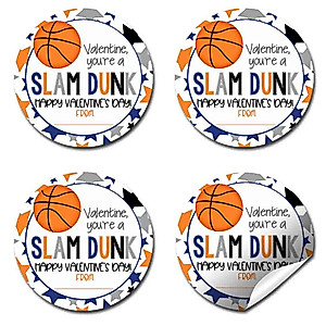 Slam Dunk Basketball Valentine Party Favor Sticker Labels for Boys, 40 2" Party Circle Stickers by AmandaCreation, Great for Classroom Valentines, Envelope Seals, Gifts & Treats
