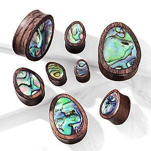 Pierced Owl Abalone Inlaid Sono Wood Tear Drop Saddle Plugs, Sold as a Pair (25mm (1"))