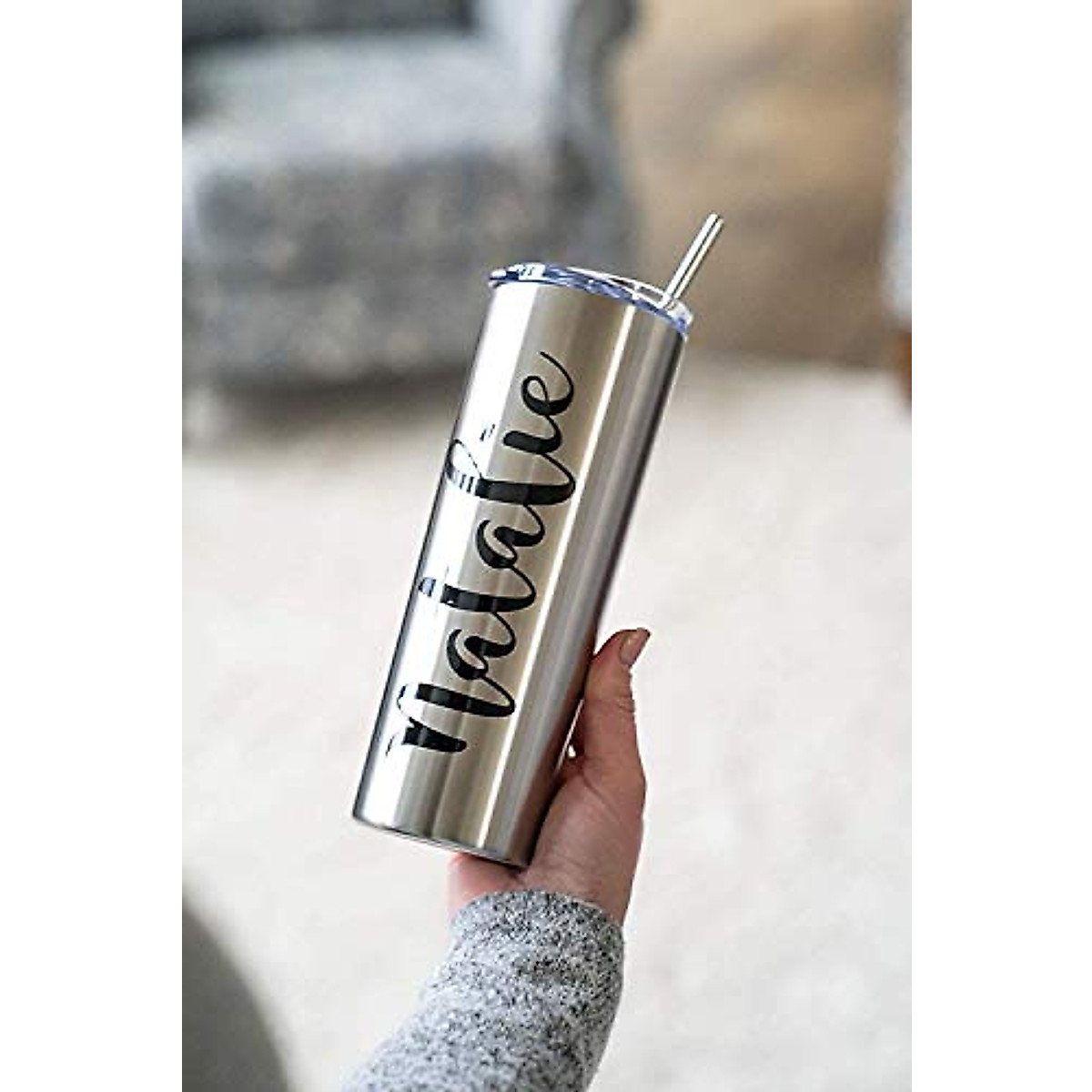 STRATA CUPS Skinny Tumblers with Lids and Straws (4 Pack) - 20 oz Double Wall Insulated Slim Stainless Steel Silver Tumblers with Straw Cleaner | Reusable Travel Mug for Hot and Cold Beverages