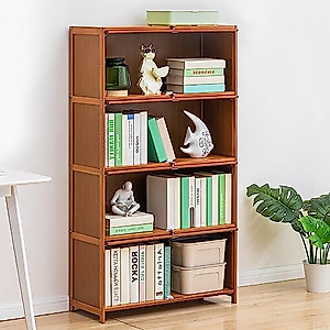 Magshion Bamboo 4-Tier Display Case Bookcase with Clear Acrylic Flip-Up Doors, Wide Brown Kitchen Cabinet Storage Pantry Cabinet Showcase Storage Cabinet Organizer - 31" L x 12.5" W x 54.5" H