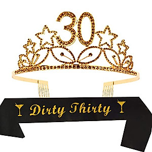 MEANT2TOBE 30th Birthday Sash & Tiara Set for Women - Dirty Thirty Glitter Sash - Stars Rhinestone Golden Tiara - Gift for 30th Celebration Decorations, and Accessories