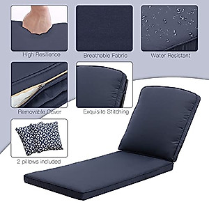 Villeston Lounge Chairs for Outside, Chaise Lounges Outdoor Pool Chair Set of 2 Cast Aluminum Patio Furniture Tanning with Navy Cushion and Pillows Recliner