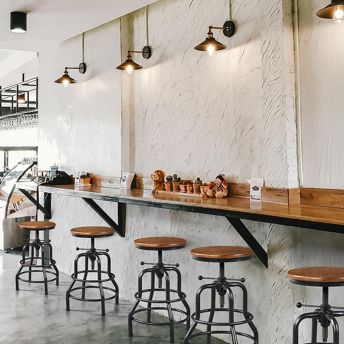 Yaheetech Industrial Bar Stool Vintage Counter Rustic Counter Height Metal Bar Stool Adjustable with Round Wood Seat Kitchen/Dining/Cafe Chair 20-27 Inch Tall, Brown, 1PCS