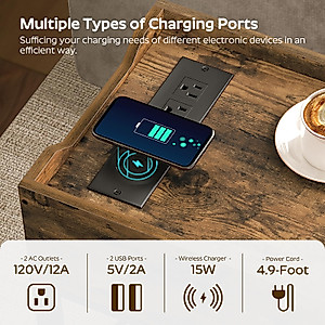 YATINEY Narrow Side Table with Drawer, Nightstand Set of 2 with Wireless Charging Station, End Table for Small Spaces, Non-Woven Fabric Drawers, for Living Room, Bedroom, Rustic Brown ET04L2BR