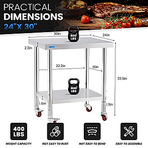 KUARBARR Stainless Steel Table for Prep & Work with 4 Caster Wheels with Adjustable Undershelf 24 x 30 NSF Metal Commercial Kitchen Worktable for Restaurant Home Outdoor