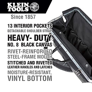 Klein Tools 510218SPBLK Tool Bag, Large 18-Inch Deluxe Canvas Tool Bag and Organizer with 13 Pockets and Shoulder Strap, Black