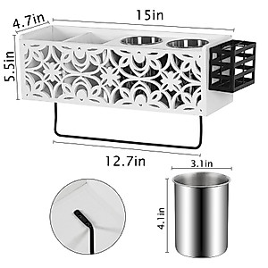 TRSPCWR Hair Tool Organizer Wall Mounted, Hair Dryer and Styling Holder with Towel Bar, Bathroom Blow Dryer Holder with Side Basket, Farmhouse Vanity Caddy Storage Stand for Accessories, Makeup