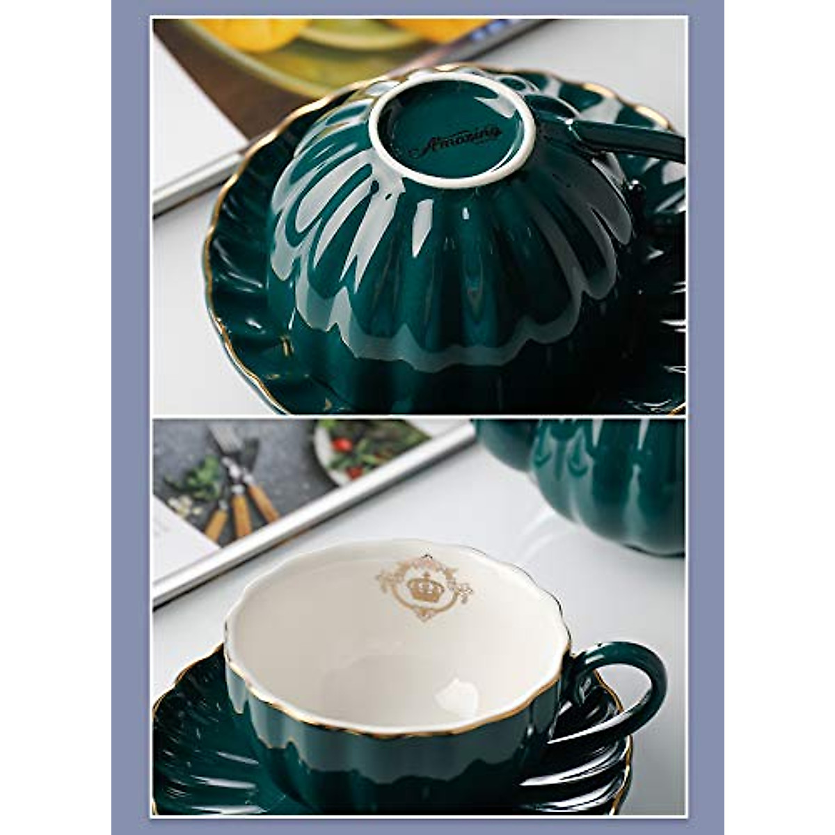 Amazingware Porcelain Tea Set - Tea Cup and Saucer Set Service for 6, with 28 ounces Teapot Sugar Bowl Cream Pitcher Teaspoons and Tea Strainer - for Thanksgiving - Pumpkin Fluted Shape, Dark Green