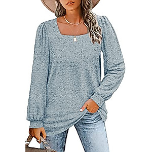 WIHOLL Tunic Shirts for Women Loose Fit Long Sleeve Square Neck Tops Grey Blue XL