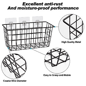 4 PCS Hanging Kitchen Baskets For Storage Adhesive Sturdy Small Wire Storage Baskets with Kitchen Food Pantry Bathroom Shelf Storage No Drilling Wall Mounted