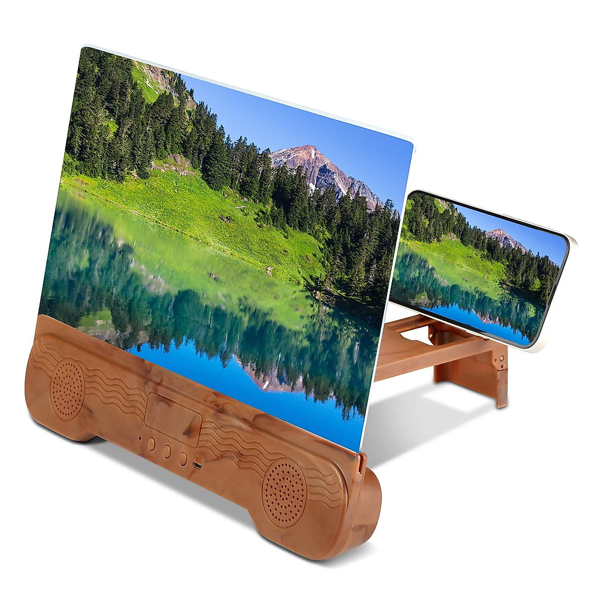 HSRBO 14" Cell Phone Screen Magnifier with Wireless Speaker Foldable Phone Stand with HD Screen Amplifier for Movies,Videos,Reading,Gaming,Compatible with All Smartphones （Wood Color）