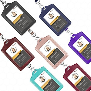 Teskyer 2 Pack of Double Sided Clear Badge Holder with Lanyard, PU Leather ID Badge Name Card Holder with Stainless Steel J-Hook Nylon Lanyard for Work ID, School ID, Metro Card, Access Card, Black