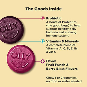 OLLY Kid's Multivitamin + Probiotic Gummy, Vitamins A, C, D, E, B, Zinc, Digestive Support, Chewable Supplement, Berry Flavor, 60 Day Supply - 120 Count Pouch