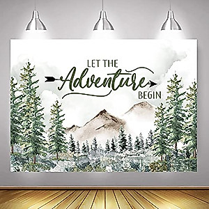 Mocsicka Let The Adventure Begin Backdrop Adventure Awaits Baby Shower Birthday Party Decoration Rustic Forest Mountains Woodland Photography Background (7x5ft (82x60 inch))