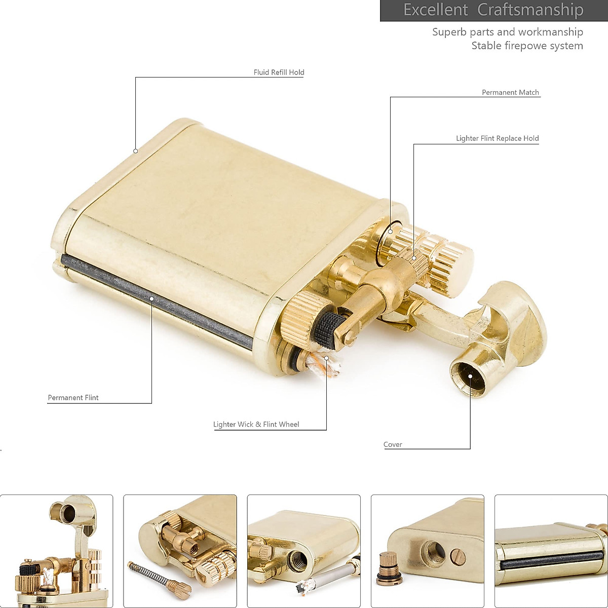 2 in 1 Lighetr Permanent Match Antique Style Lift Arm Kerosene Lighter with Permanent Match (Bronze)