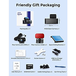 AZDOME 4K Dual Dash Cam Built-in WiFi GPS Front 4K/2.5K and Rear 1080P, with 64GB Card, Dual Dash Camera for Cars, 3.19" Display, Dashboard Camera Recorder Capacitor, Parking Mode, Support 256GB Max