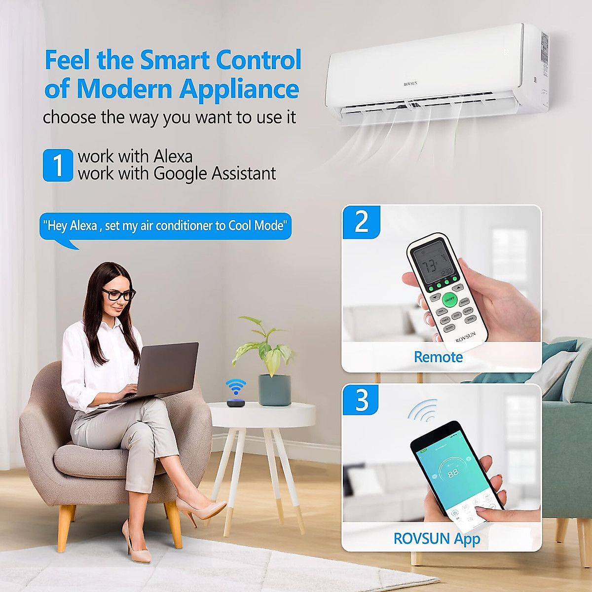 ROVSUN 11000 BTU Wifi Enabled Mini Split Air Conditioner & Heater, 17 SEER2 115V Inverter Ductless Wall AC Unit with Pre-Charged Condenser, Heat Pump & Installation Kit
