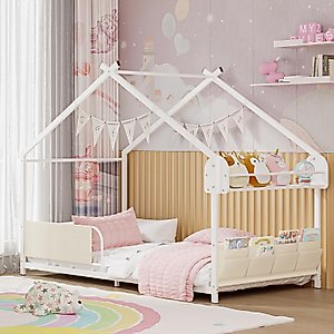 Timy House Bed Twin Size Montessori House Bed Metal Floor Bed with Storage Rack and Caddy Twin Bed Frame for Kids No Box Spring Needed White