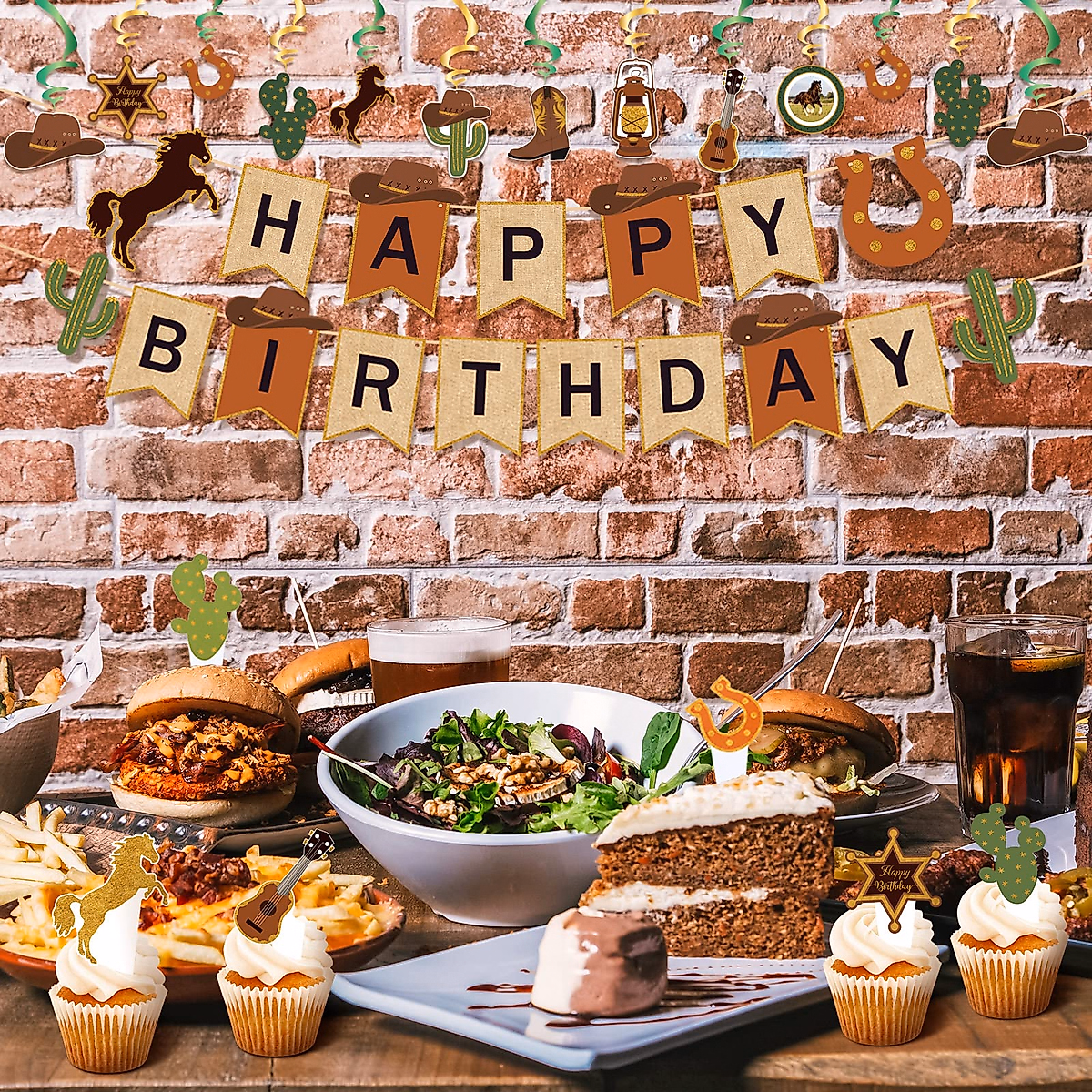 60PCS Cowboy Birthday Party Decoration Include 40 Inch Horse Shaped Foil Balloons Little Cowboy Happy Birthday Banner Cake Topper Hanging Swirls 12 Inch Latex Balloons for Western Party (Retro Style)