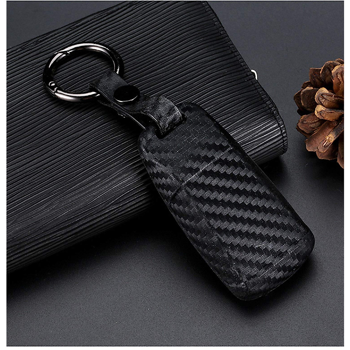 M.JVisun Soft Silicone Rubber Carbon Fiber Texture Case Car Key Fob Cover for Audi A4 A4L A5 A6 A7 A8 Q5 Q7 R8 RS Q3 RS4 RS5 RS7 S4 S5 S6 S7 S8 SQ5 SQ7 TT TTS TT-RS Remote Key - Black - Round Keychain