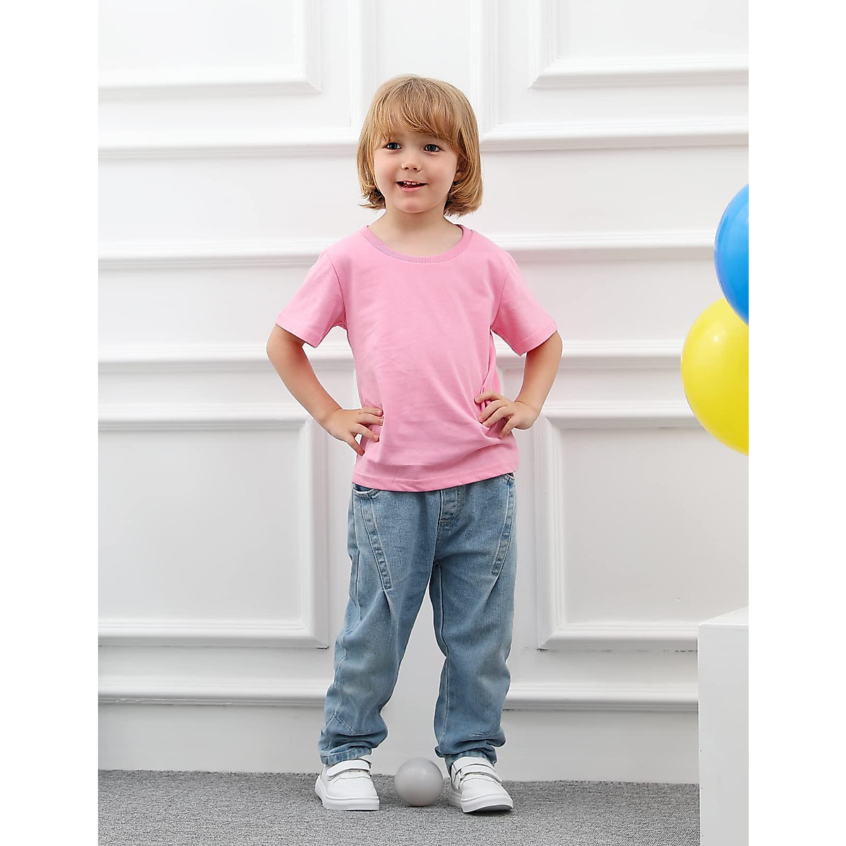 COSLAND Kids Plain Tshirts Boys Short Sleeve Shirt, Pink, Small