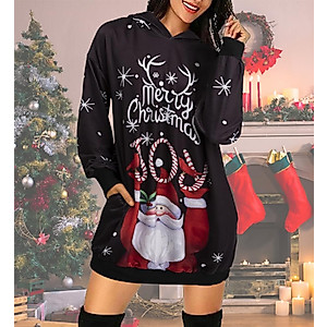 MNLYBABY Women's Christmas Hooded Sweatshirt Funny Santa Graphic Shirt Long Sleeve Pullover Tunic Hoodie Dress with Pockets Black