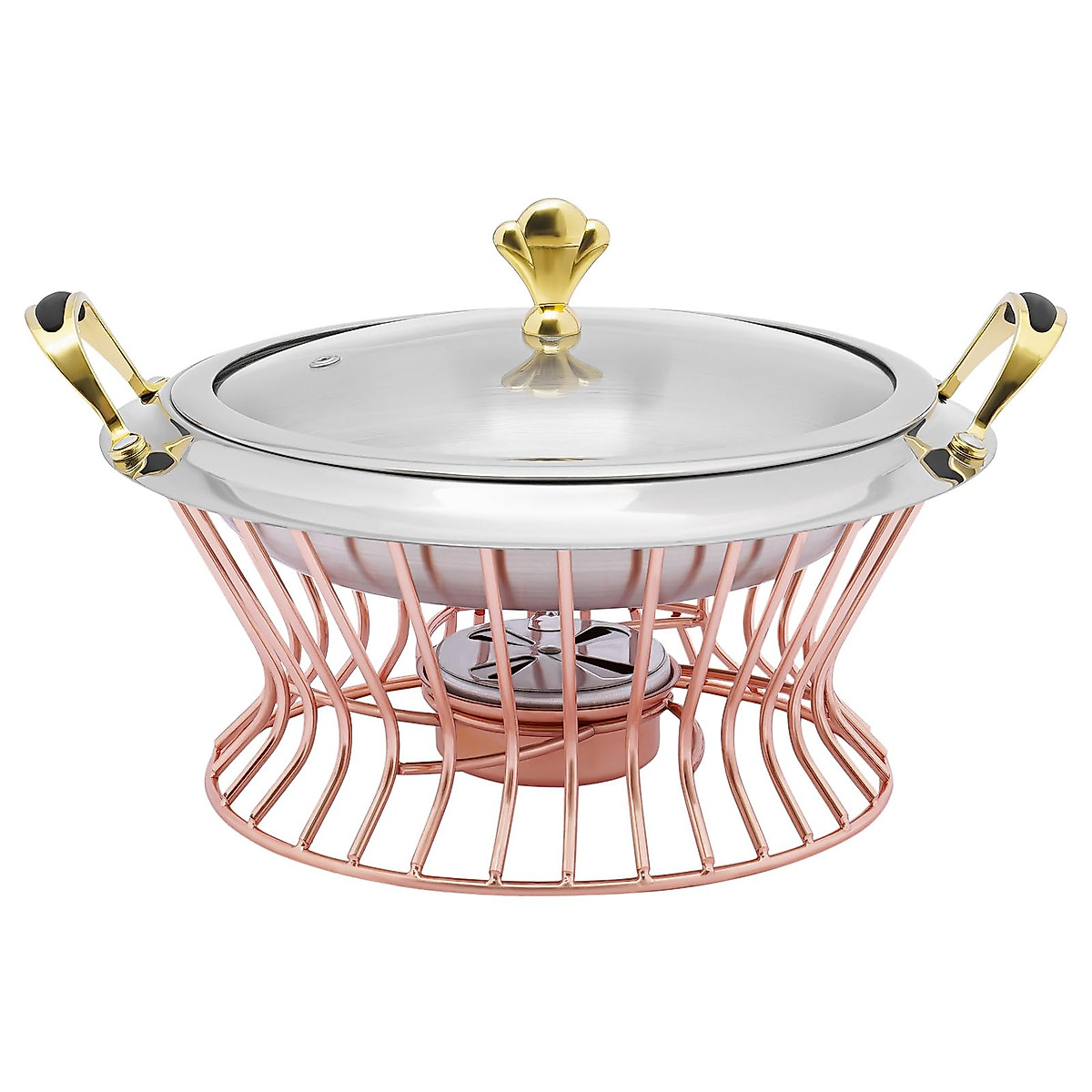 Round Stainless Steel Chafing Dish Buffet Catering Chafers Buffet Warmers with Fuel Holder for Hotels, Buffets, Restaurants (Red Copper)