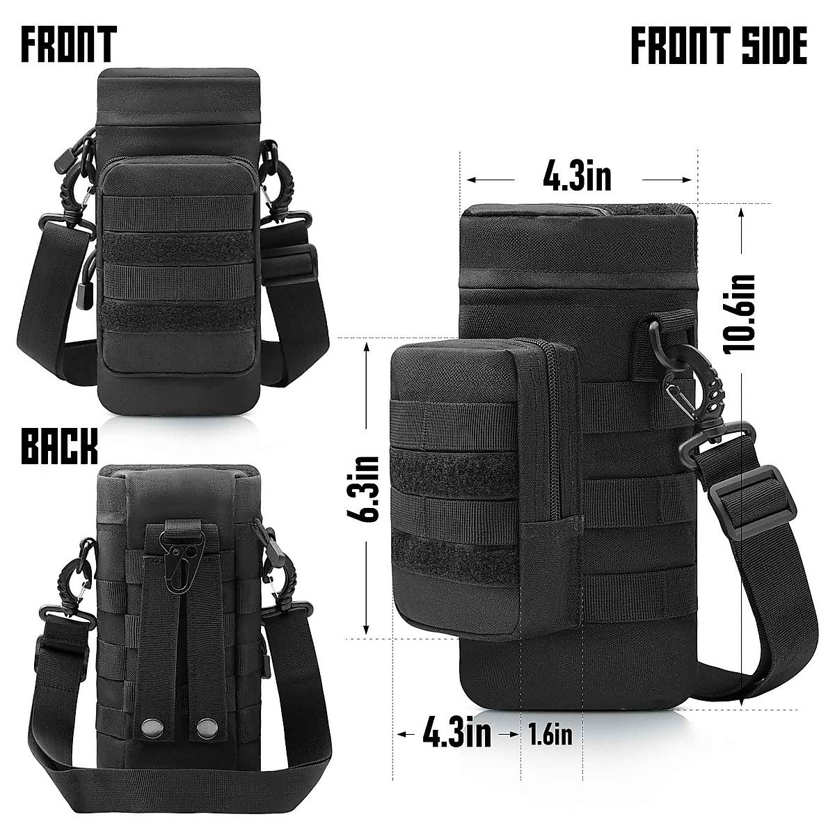 Molle Water Bottle Pouch, Tactical Black Water Holder Carrier with Pocket Stap for Hiking Camping