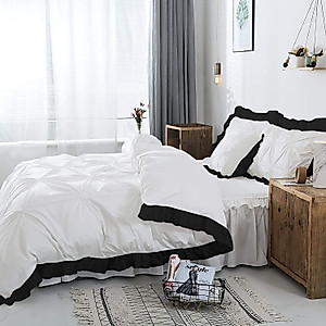 Decorative 5PC Two Tone Pinch Pleated Corner Ruffle Frilled Duvet Cover Set with Zipper, 100% Egyptian Cotton, 400 Thread Count - White/Black Solid, Oversize Queen Size.
