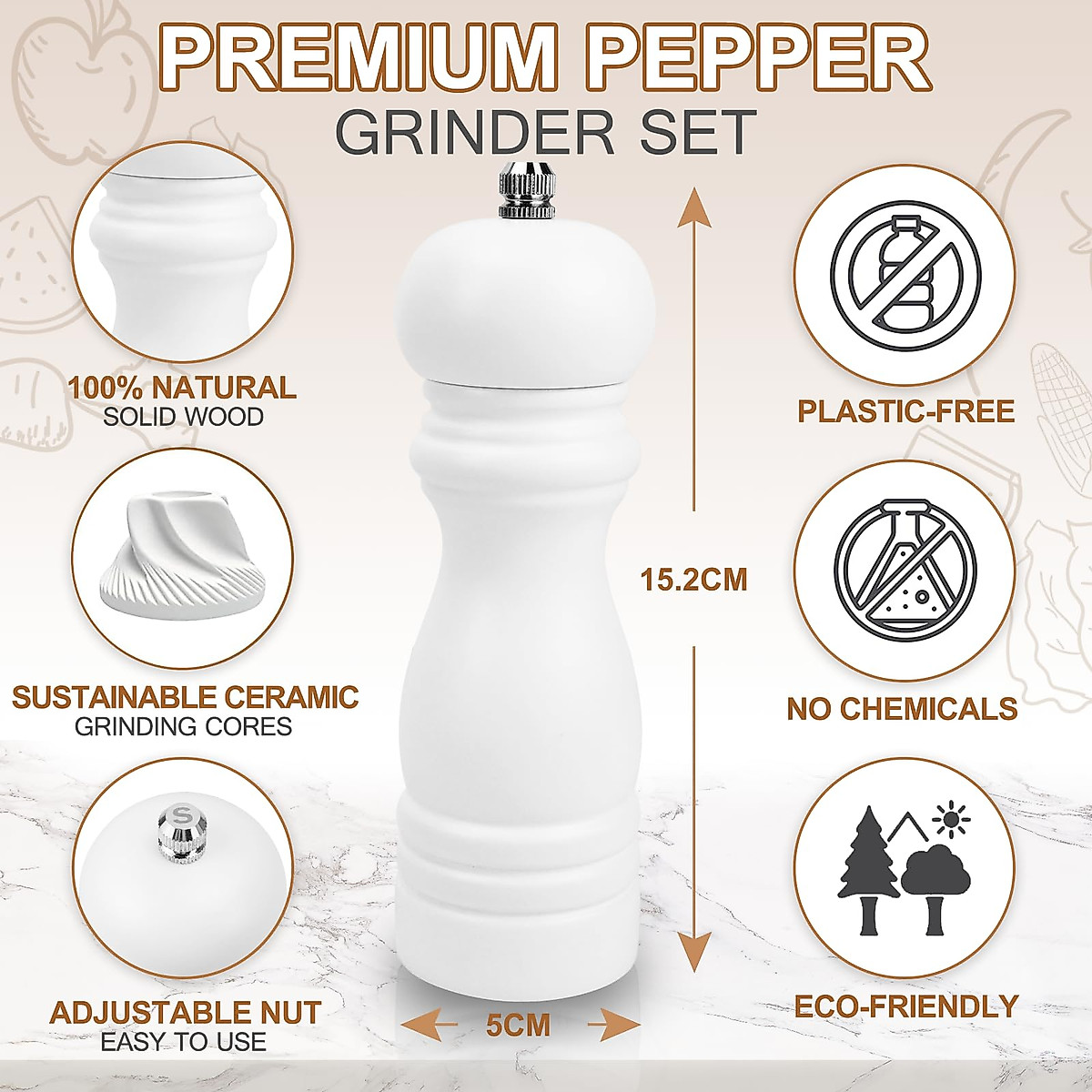 Salt and Pepper Grinder Set of 2 - Wood Salt and Pepper Mill with Adjustable Coarseness Ceramic Core - Manual Salt Grinders Refillable Spice Mills - Pepper Shakers for Sea Salt/Chili/Sesame, 6.5 Inch