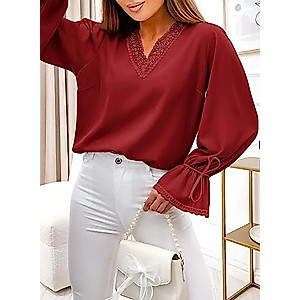 Dokotoo Fall Blouses for Women Long Sleeve Shirts Lace Trim V Neck Chiffon Solid Color Tunic Tops Loose Fit Stylish Burgundy Tops Casual Spring Summer Flowy Work Shirts Large