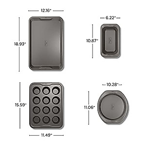 Ninja B35005 Foodi NeverStick Premium 5-Piece Bakeware Sheet Set, Oven Safe up to 500⁰F, with 11x17 Inch Baking Sheet, 5x9 Inch Loaf Pan, 12 Cup Muffin Pan, & (2) 9 Inch Round Cake Pans, Grey
