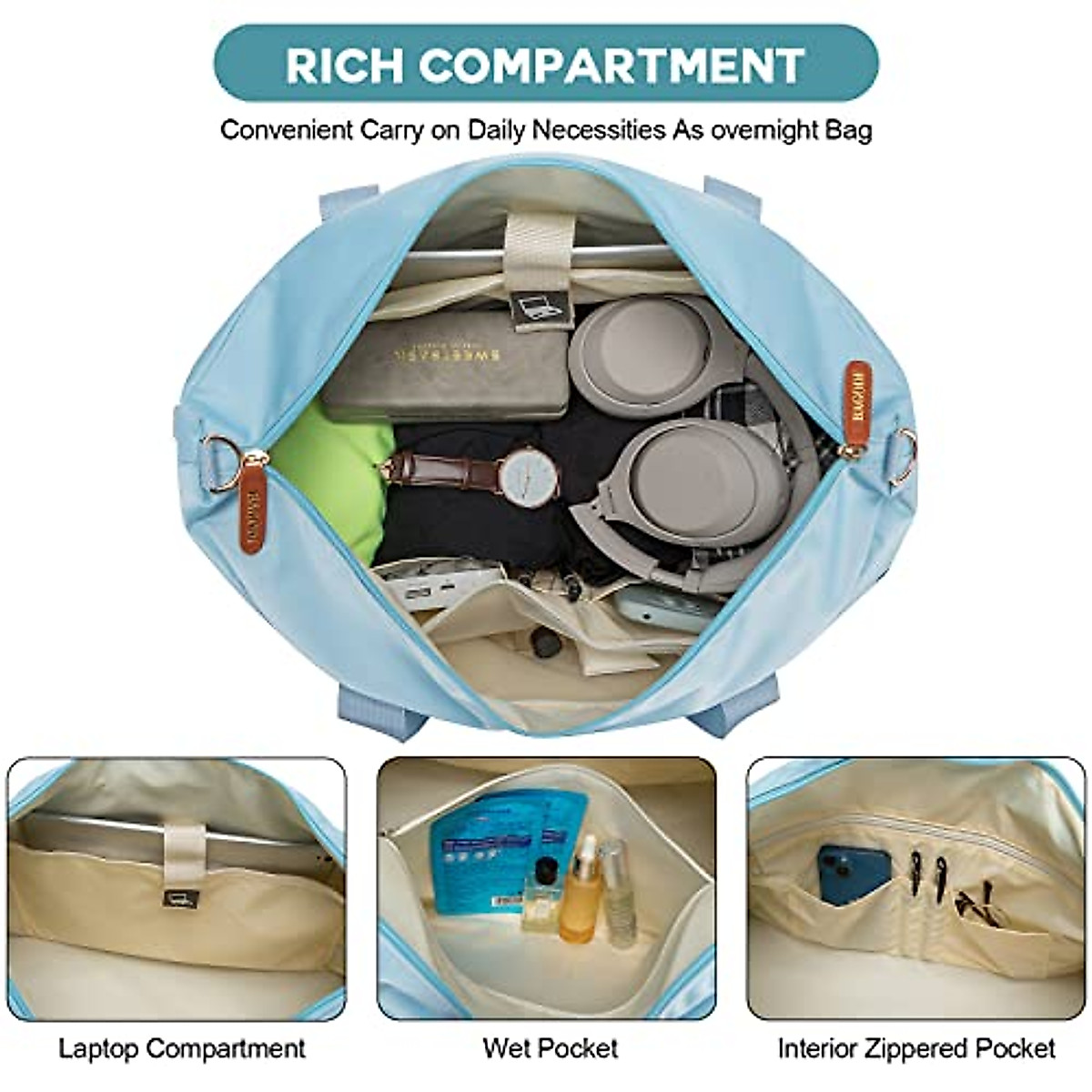 BAGODI Gym Bag for Women, Weekender Overnight Bag with USB Charging Port, Sport Travel Duffel Bag with Wet Pocket & Shoe Compartment, Carry on Tote Bag for Travel/Gym/School 5 Pcs Set