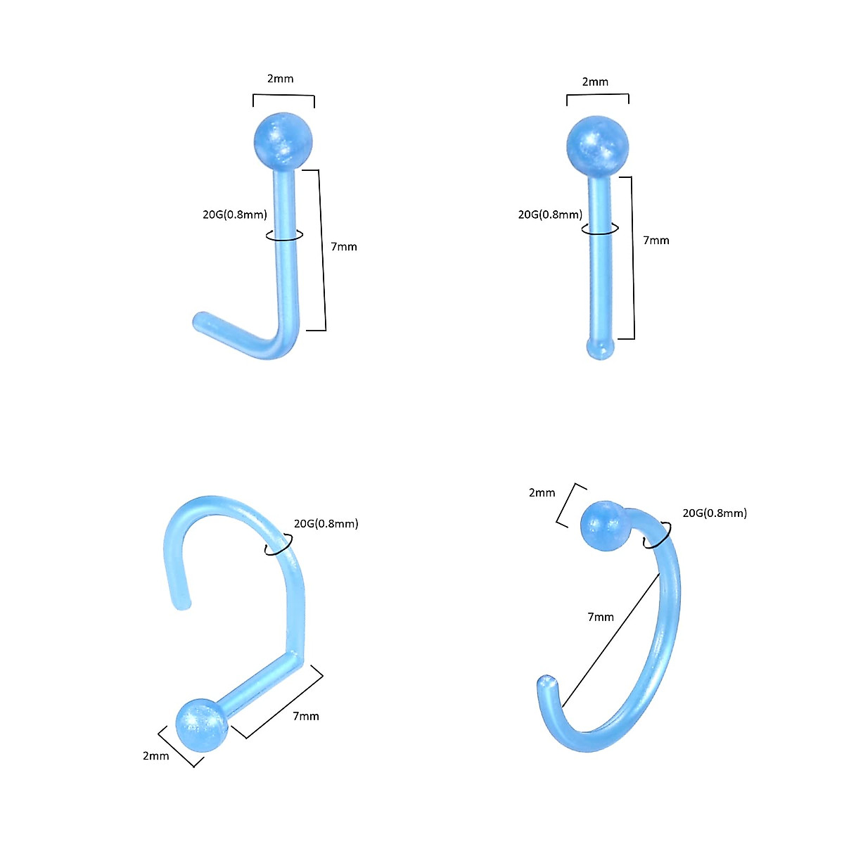 Oveta 32PCS Clear Nose Rings Studs for Work 20G Nose Piercing Retainer, Colorful Plastic Nose Stud L Shaped Bone Screw Nostril