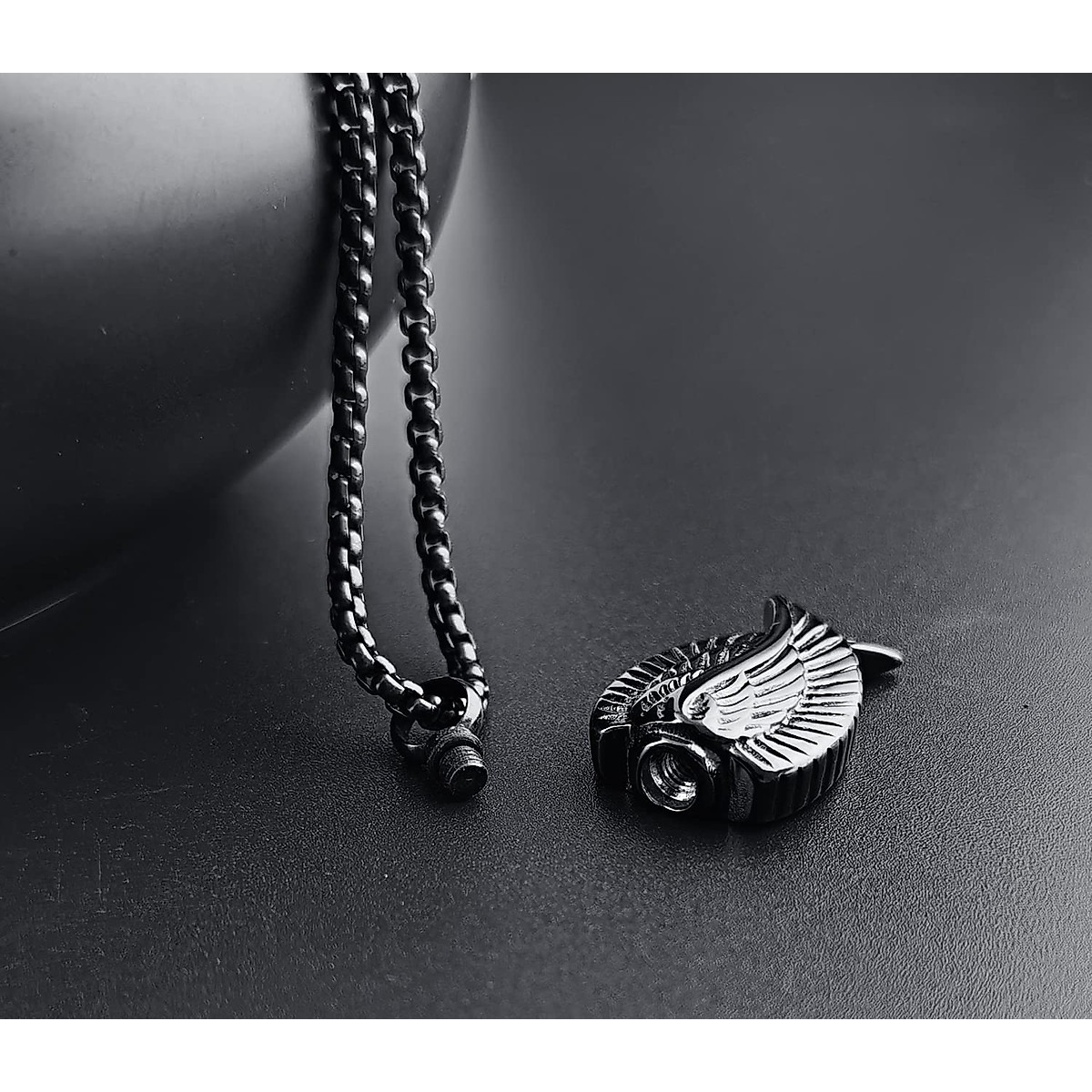 YOUFENG Angel Wing Urn Necklace for Ashes Stainless Steel Cremation Jewelry Always in My Heart Ashes Necklaces Memorial Keepsake for Men Black