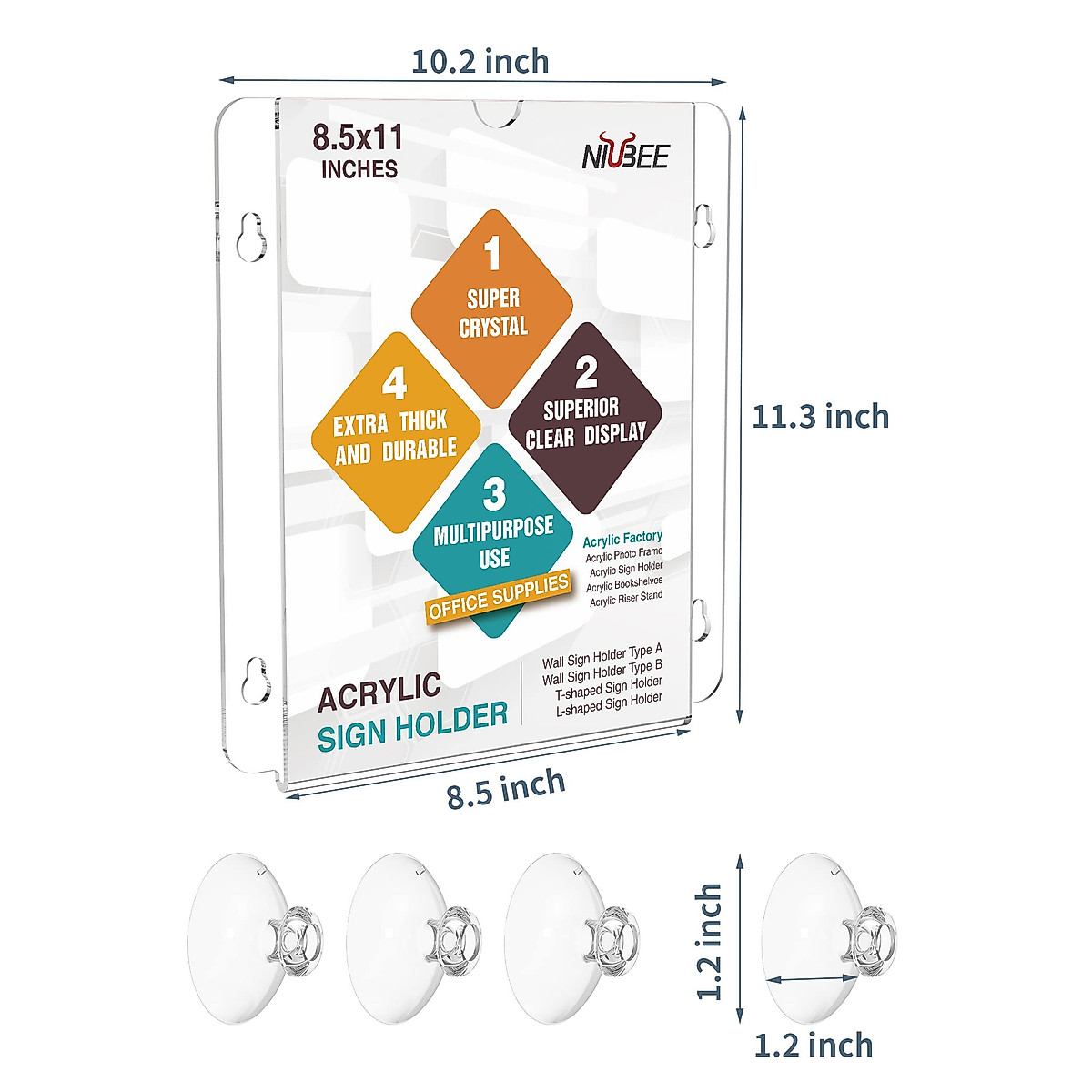 NIUBEE Acrylic Window Sign Holder 8.5×11 Inch with 4 Suction Cups for Glass Window Wall Mount, Advertise Display Office Store Promotion Picture Frame for Mall, Office, Home, Restaurant (2 Pack)