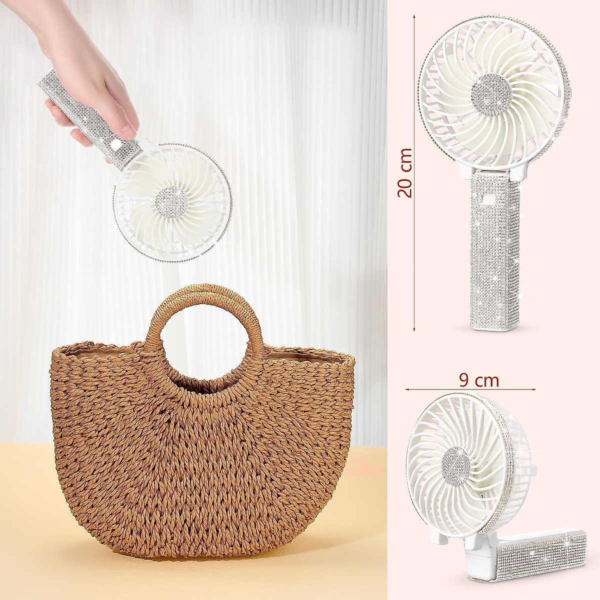 Mudder Crystal Bling Rhinestone Mini Handheld Fan Portable Usb Rechargeable Fan Battery Operated Small Folding Personal Fan for Girls Women Outdoor Travel Indoor Makeup Office (White,Classic Style)