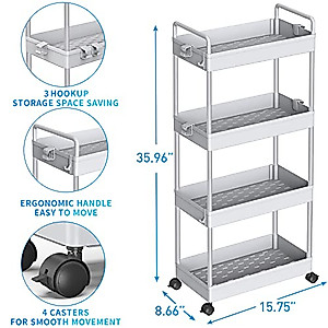 SOLEJAZZ Rolling Storage Cart, 4 Tier Bathroom Organizer Slide Out Utility Cart, Mobile Shelving Unit Organizer Standing Rack for Kitchen, Bathroom, Laundry Room, Gray